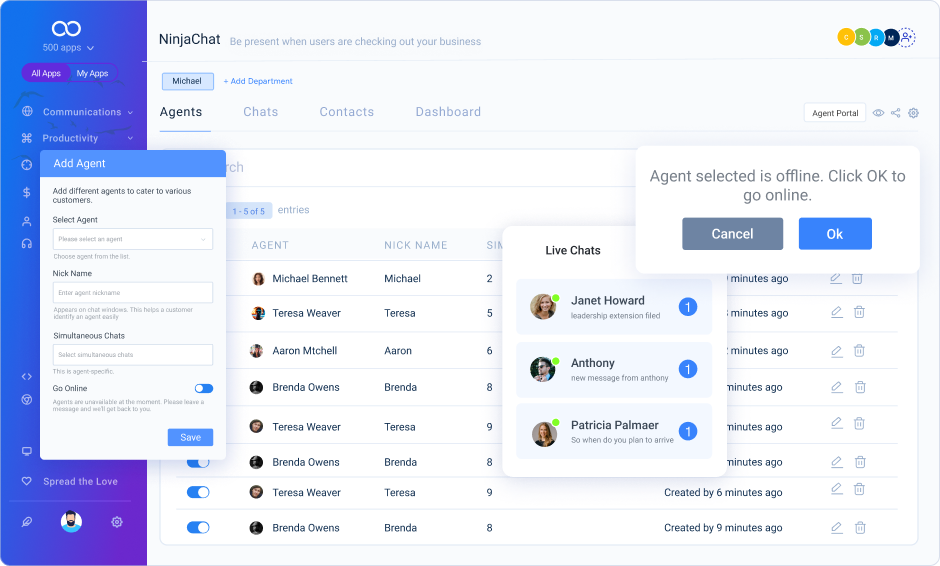 Agent Dashboard | NinjaChat by 500apps